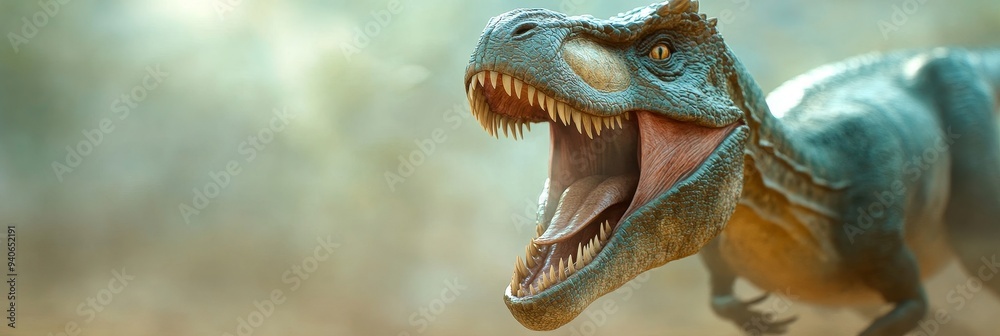 A close-up of a dinosaur's head, with its mouth open wide, showing its ...