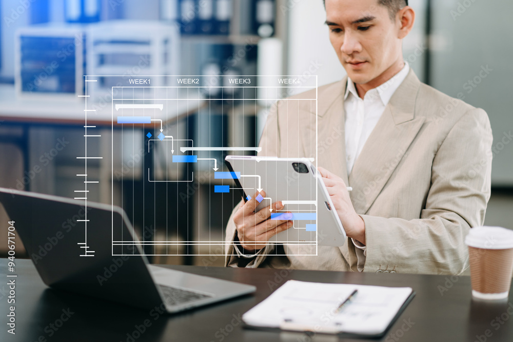 Project manager working and update tasks with milestones progress ...