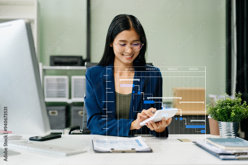 Project manager working and update tasks with milestones progress ...