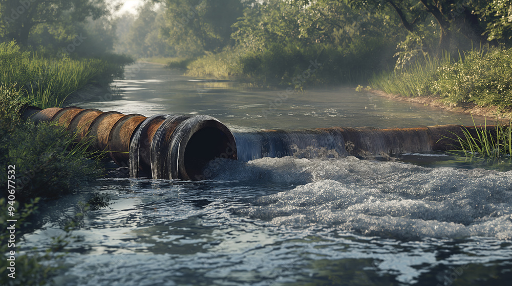 A hyper-realistic image of an industrial wastewater pipe discharging ...