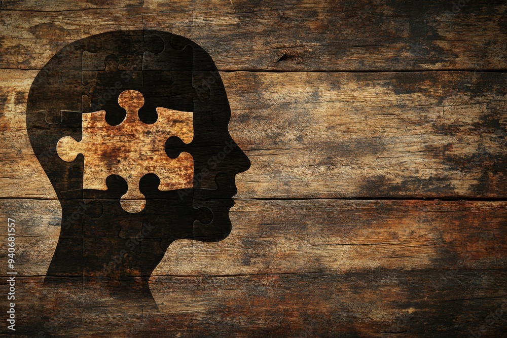 Rustic silhouette of a human head with a missing puzzle piece ...