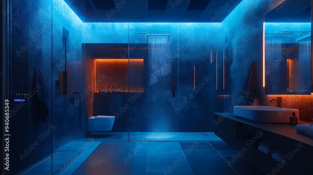 A smart bathroom with a digital shower system, a mirror that displays ...