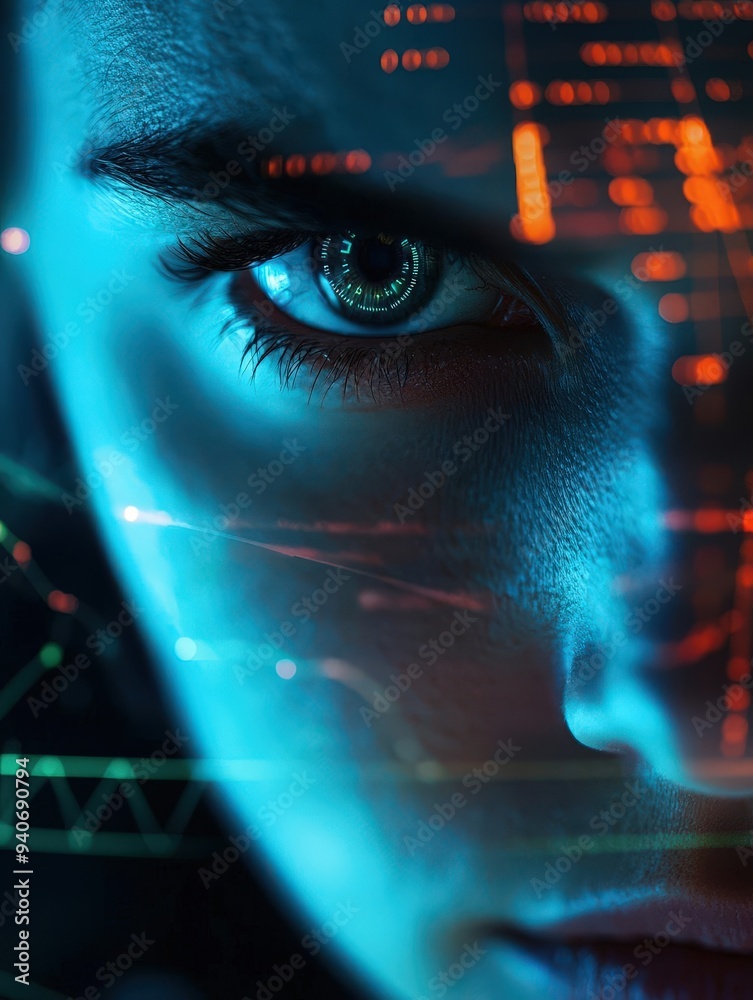 A closeup of a strategist s face, eyes sharp with focus, visualizing ...