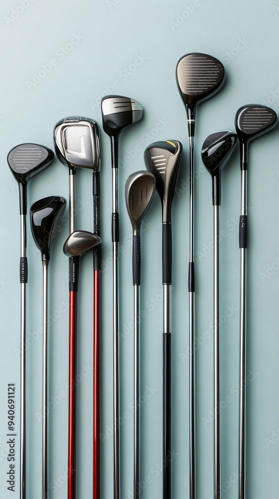 A collection of golf clubs lined up neatly on a light solid color ...