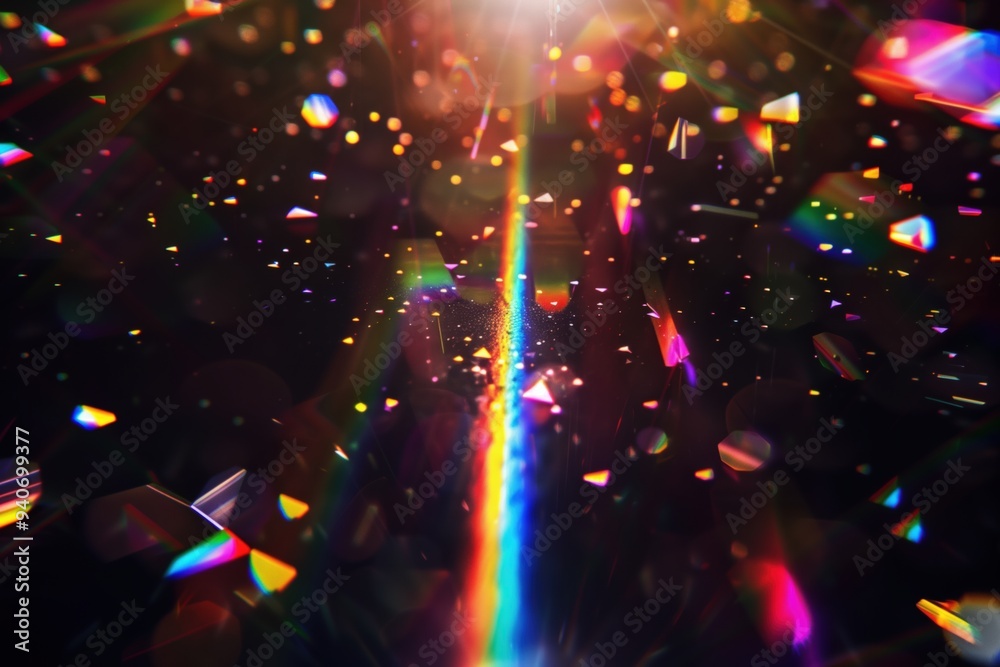 Vibrant light rays and particles exploding from central point on black ...