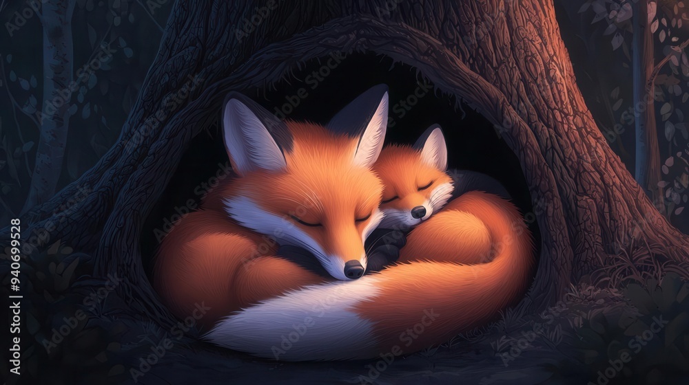 A fox family curled up together in a den beneath a large tree, with the ...