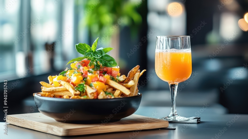 Poutine paired with a glass of refreshing fruit juice, highlighting the ...