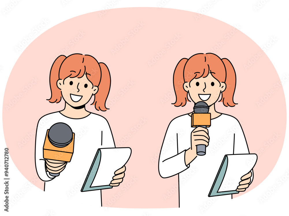 Little girl reporter with microphone smiling participating in shooting ...