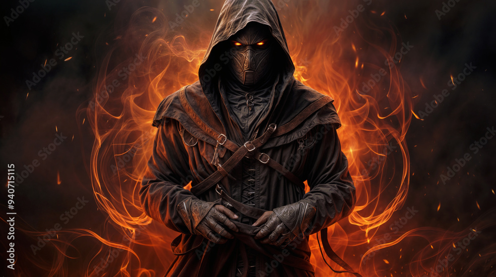 Mysterious hooded figure with glowing eyes surrounded by flames, dark ...