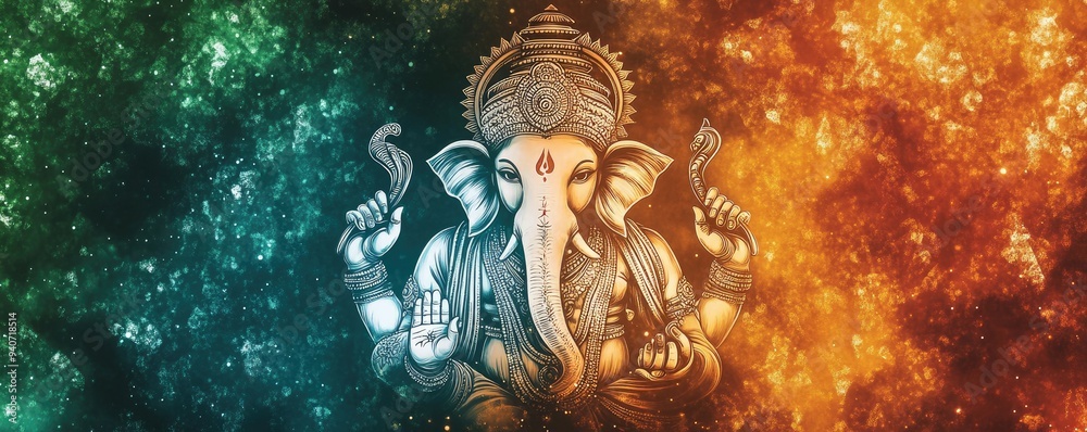 banner in colors of Indian flag with elements of god Ganesh with ...