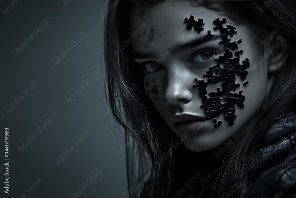 Dark and moody portrait of woman with puzzle pieces scattered on her ...