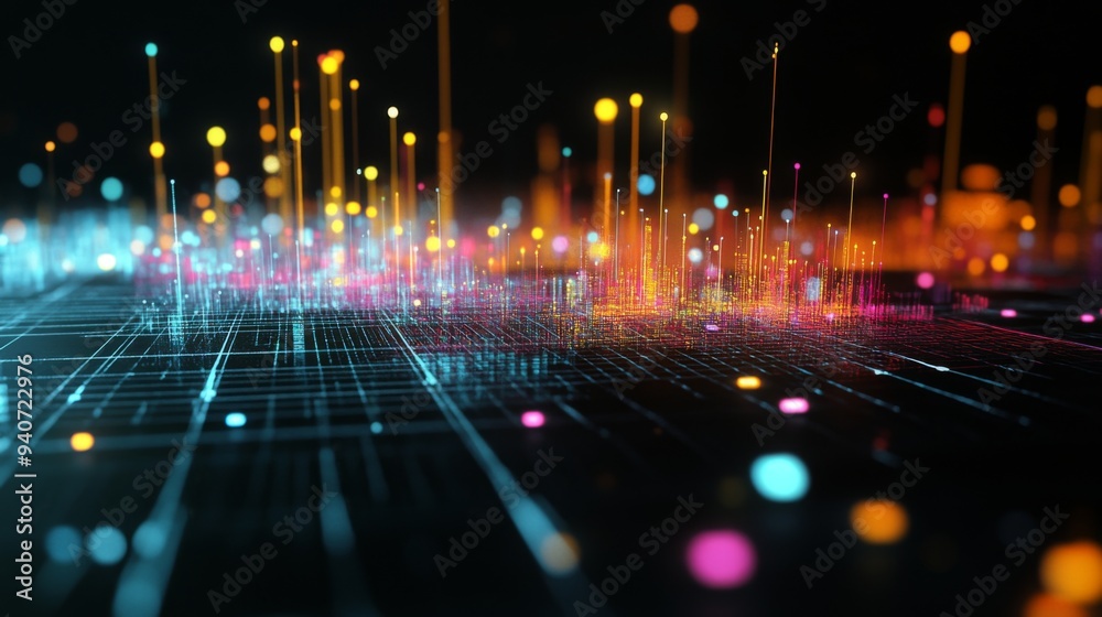 A close-up of a 3D scatter plot with data points floating above a grid ...