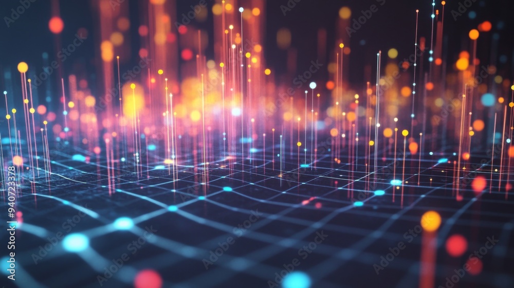 A close-up of a 3D scatter plot with data points floating above a grid, using various colors and ...