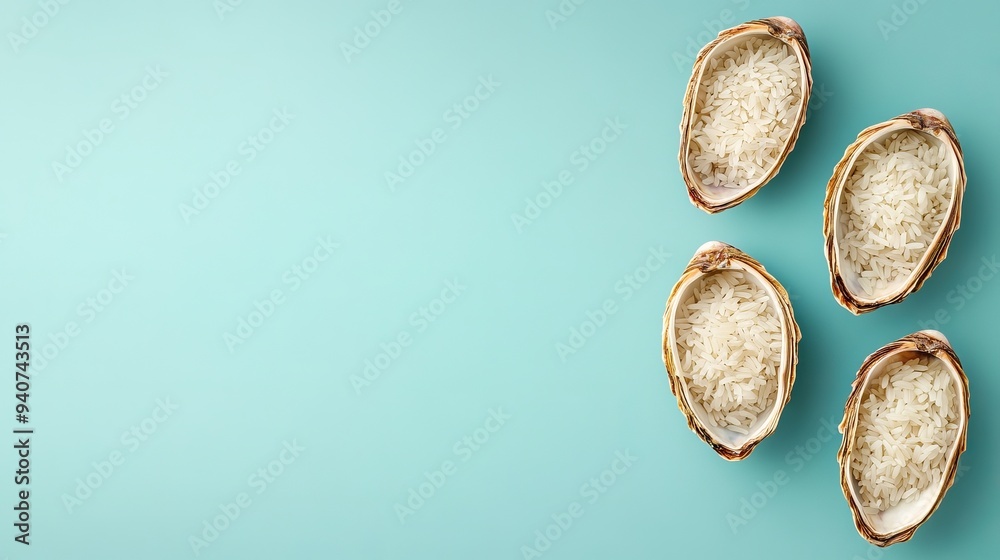 Indian sea rice is artfully arranged in three empty halves of shells on ...