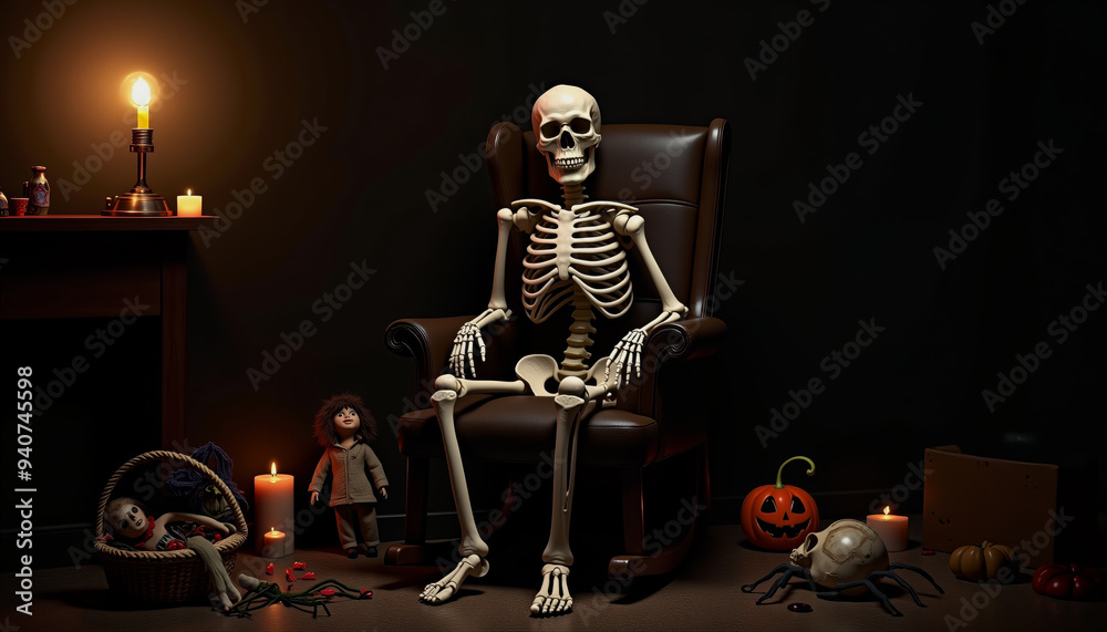 Chilling Halloween Room with a Skeleton in a Rocking Chair and Scary ...