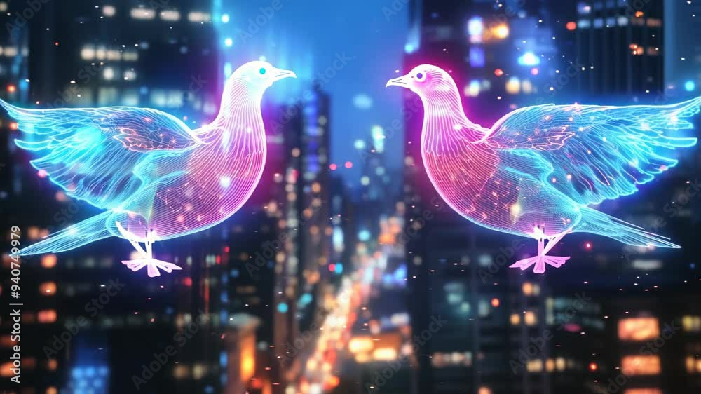 Holographic neon doves hover against urban night skyline. Pulsing with ...