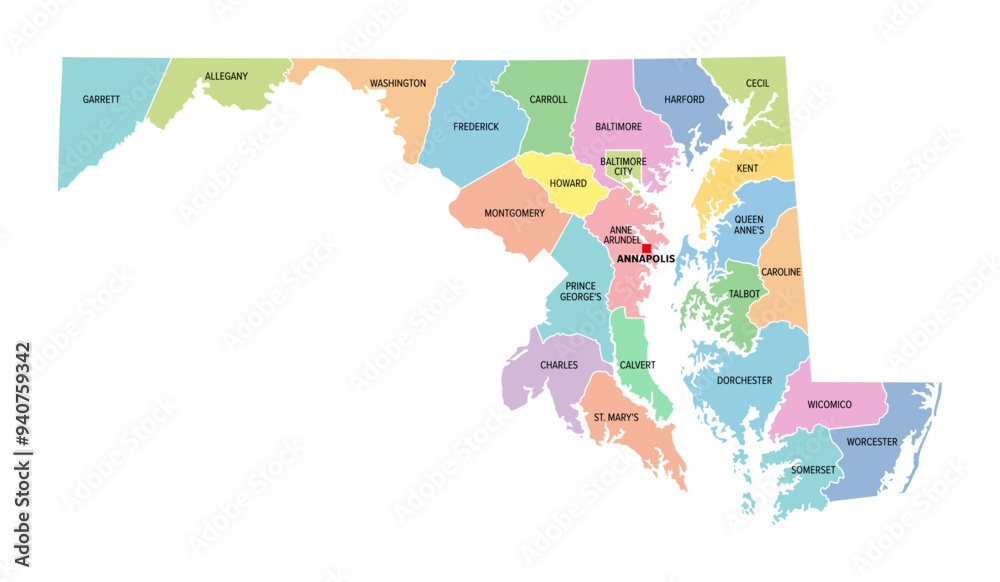 Maryland, U.S. state, colored political map with county names and ...