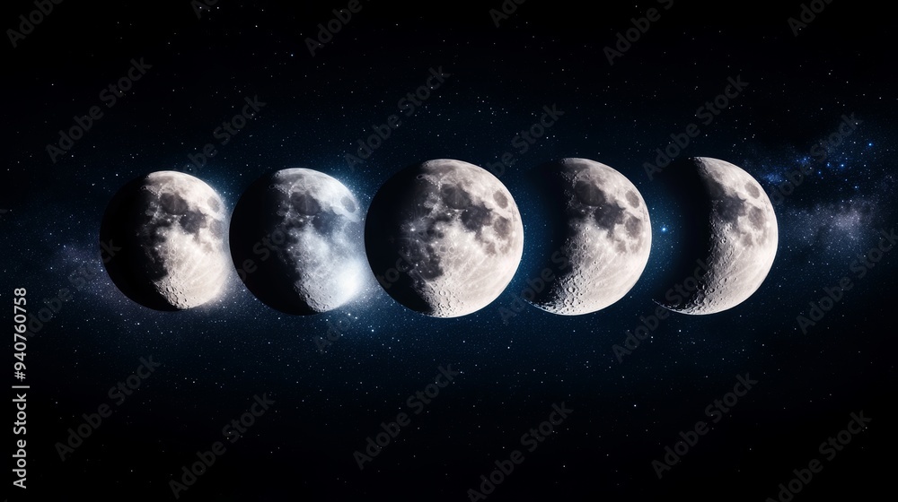 Double exposure of moon phases with a starry sky, blending lunar ...