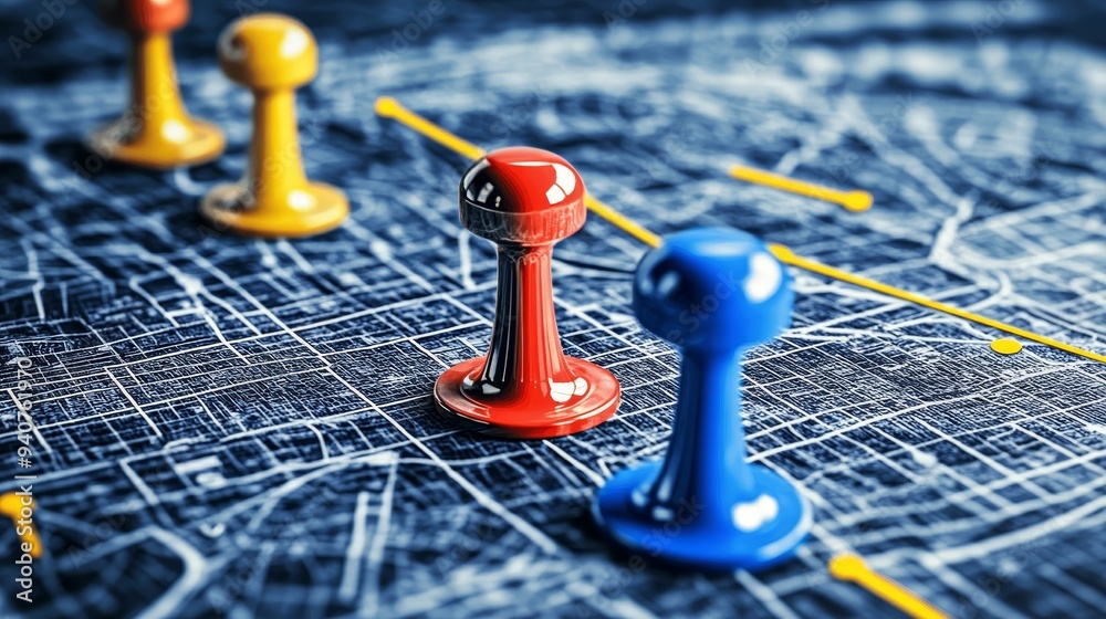 Colorful pins on a map with connecting lines, representing travel ...