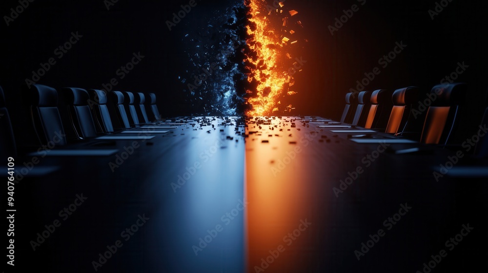 A dramatic visualization of conflict, featuring opposing elements split ...