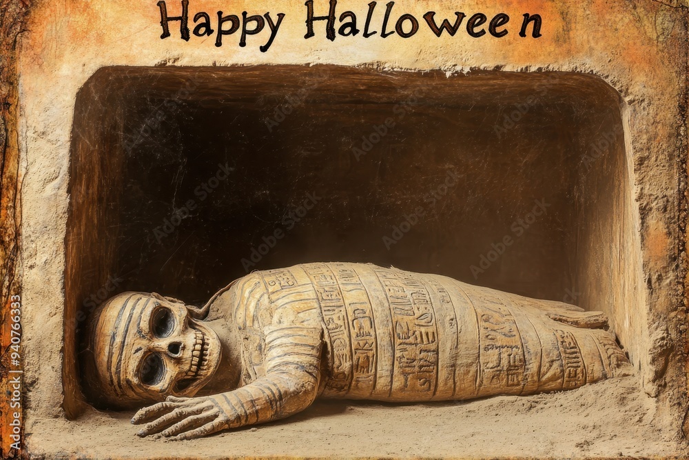 Mummy's Tomb Collage: Images of a mummy emerging from an ancient tomb ...