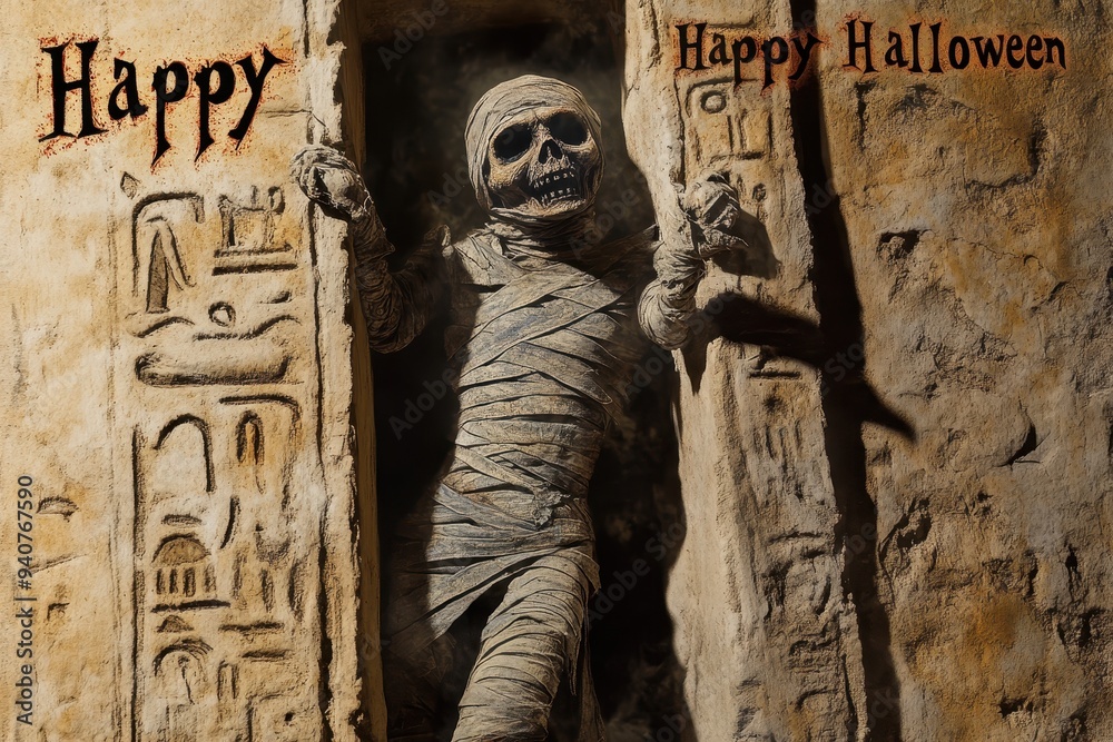 Mummy's Tomb Collage: Images of a mummy emerging from an ancient tomb ...