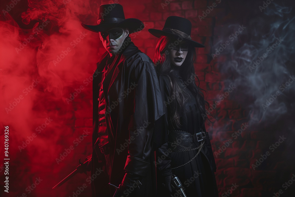 Couple dressed as Vampire Hunter Van Helsing with cowboy hats and black ...