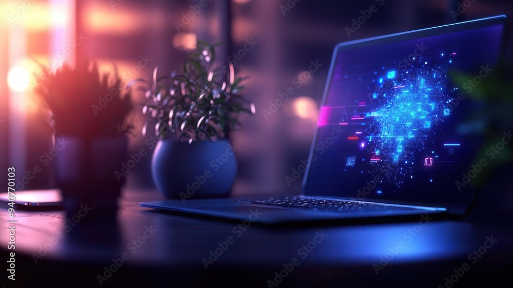 A modern workspace featuring a laptop displaying digital graphics ...