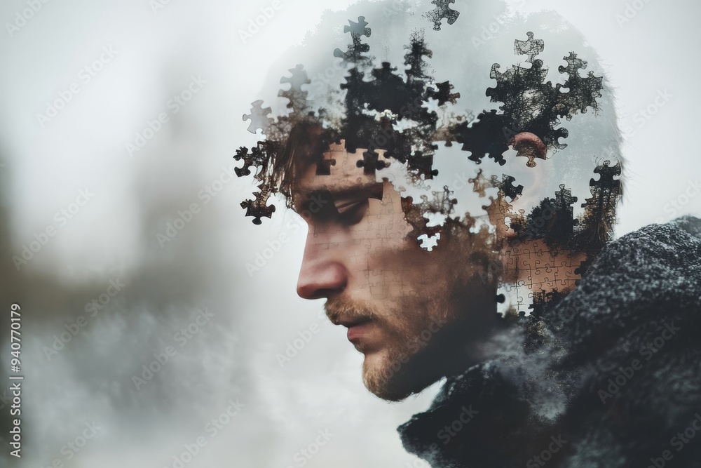 Surreal digital portrait of a man with puzzle pieces and a stormy ...