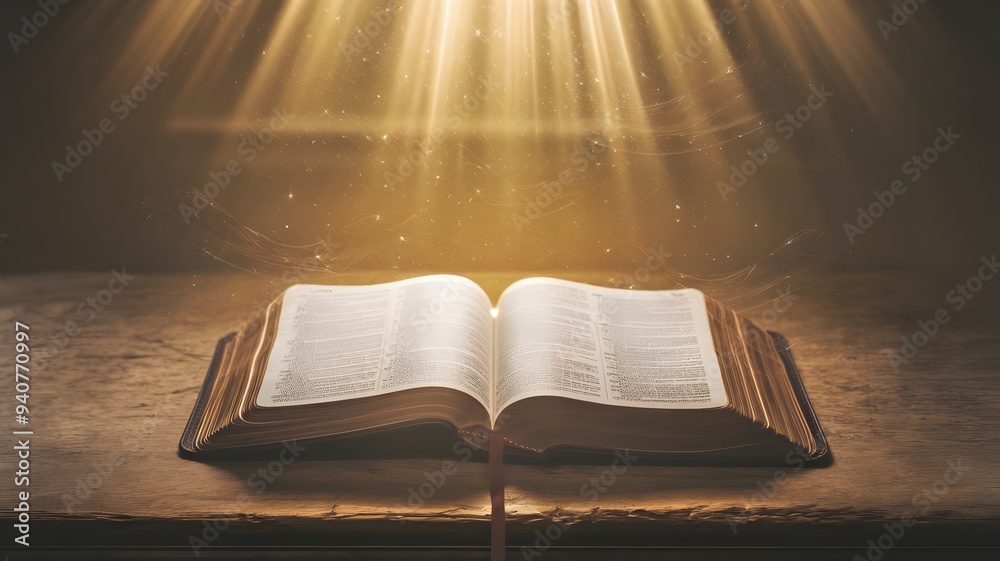 Open Bible on an Ancient Wooden Table with Rays of Golden Light ...