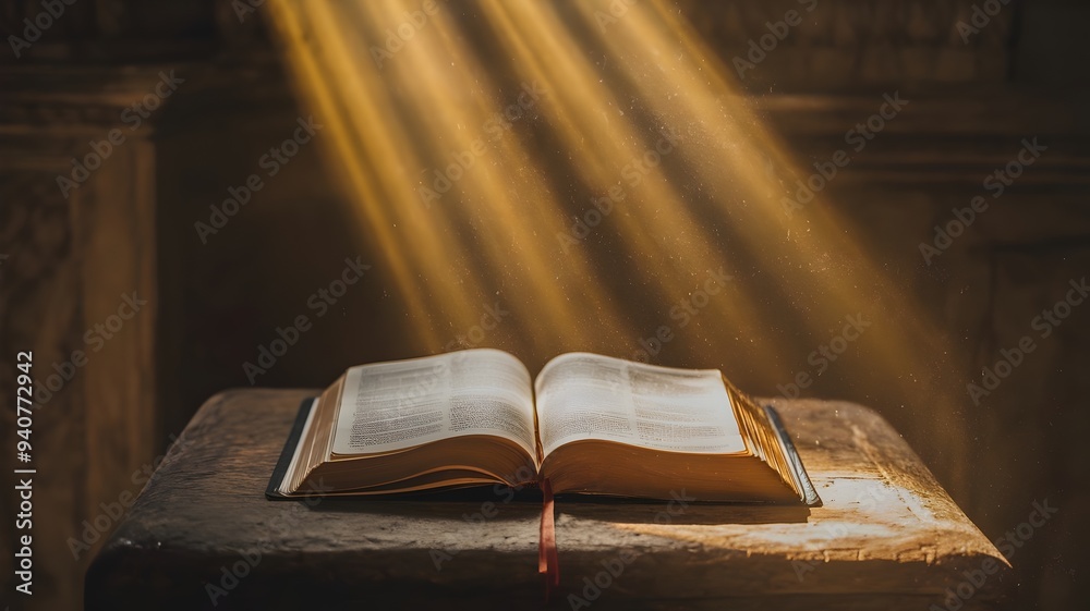 Open Bible on an Ancient Wooden Table with Rays of Golden Light ...