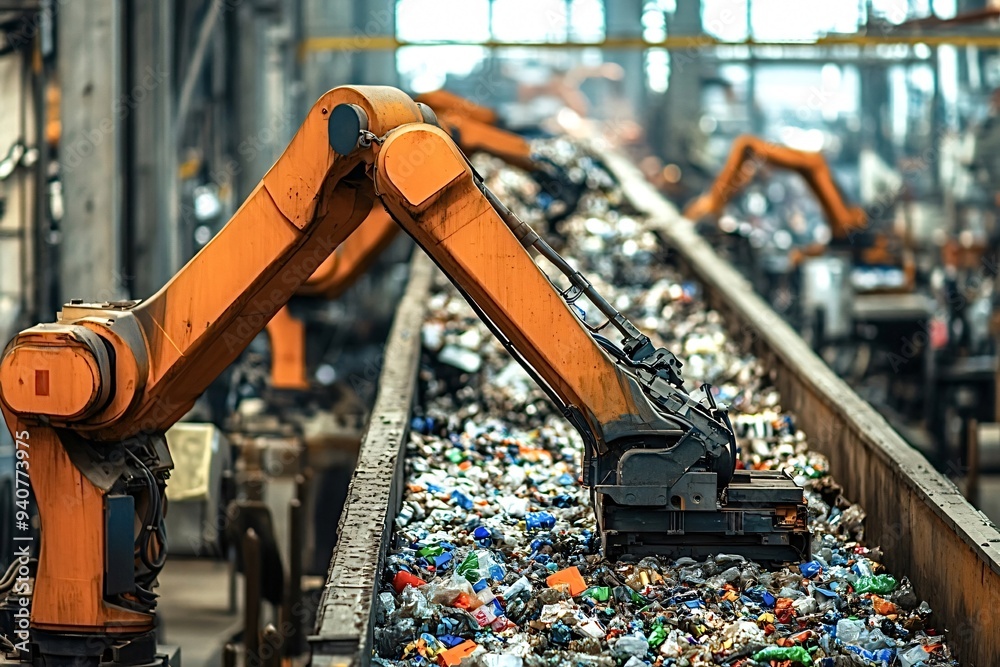 Inside a waste sorting facility, robotic arms are separating plastic ...