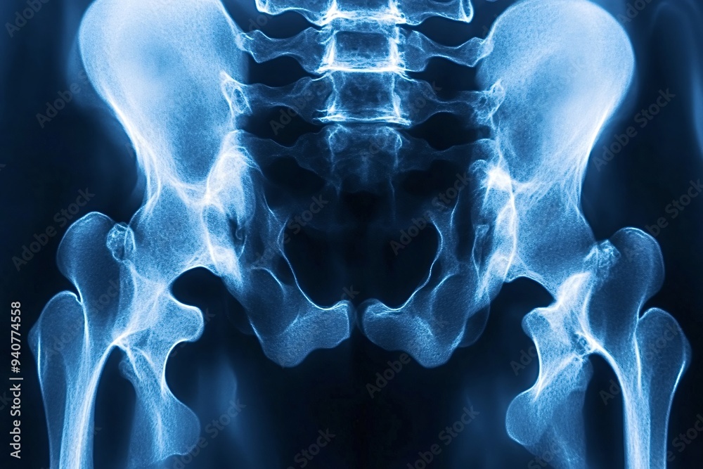 Detailed x-ray of healthy pelvis and hip joints, showing bones ...