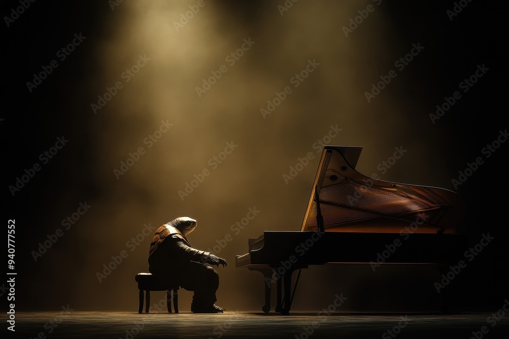 Musician Turtle: A turtle in a tuxedo, playing a grand piano on a stage ...