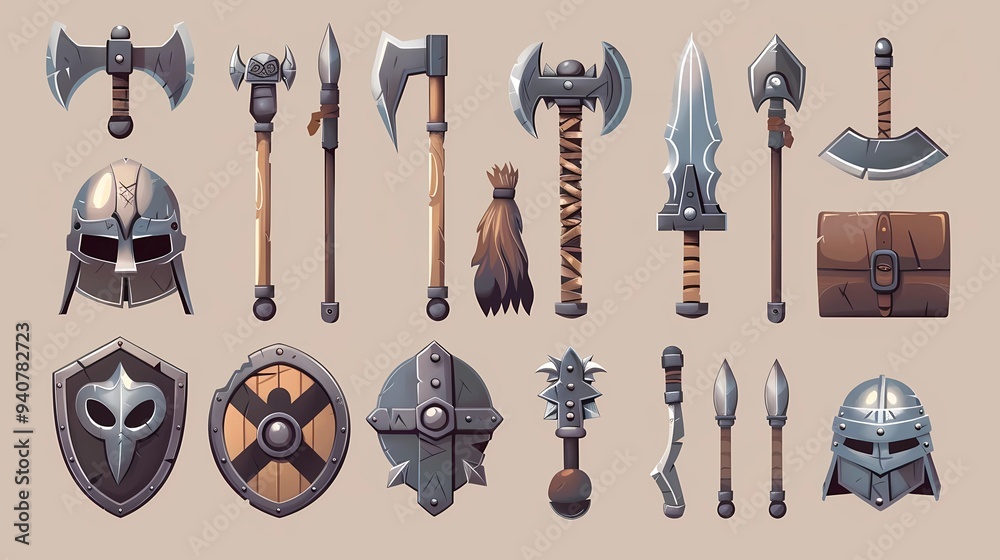 A cartoon and 3d realistic of the fantasy gaming props with helmet ...