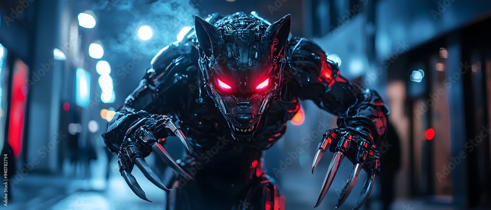 Cybernetically enhanced werewolf creature with glowing eyes and ...