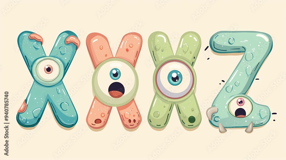 A cartoon alphabets letter X Y Z, cute eyes, mouth in letter X Y Z ...
