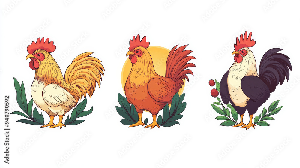 Vector icons featuring agricultural and farm roosters. Includes symbols ...