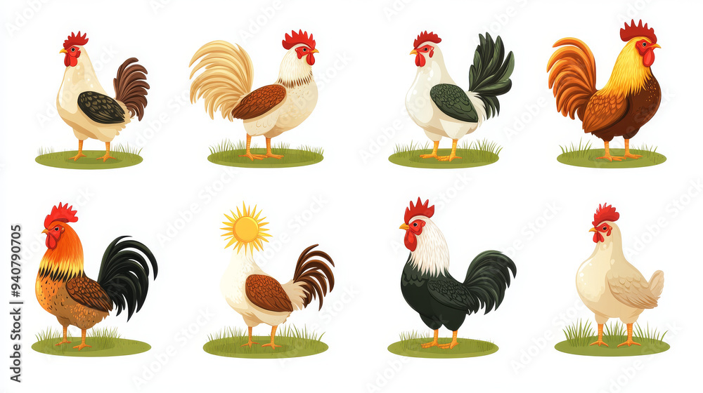 Vector icons featuring agricultural and farm roosters. Includes symbols ...