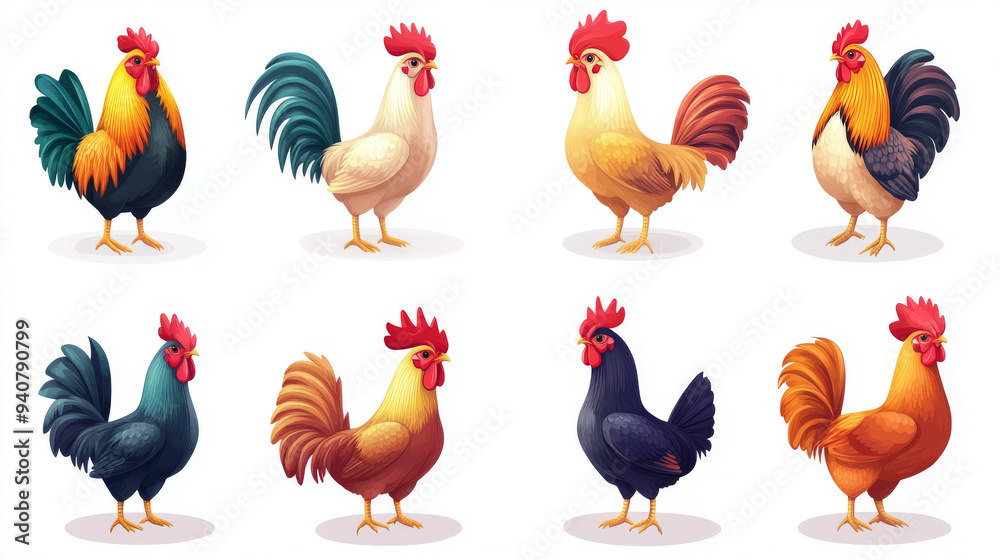Vector icons featuring agricultural and farm roosters. Includes symbols ...