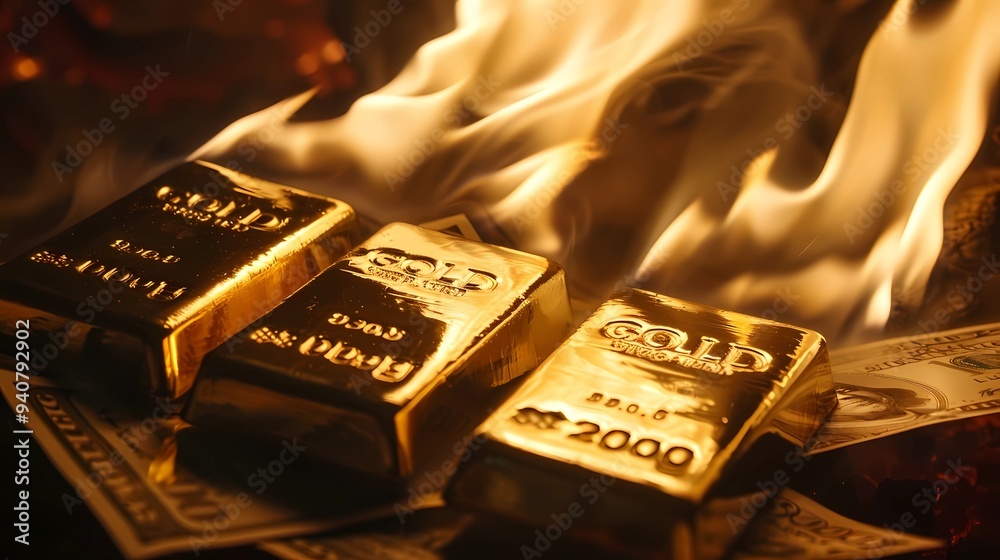 A gold bullion bars emerge unscathed from fire as dollars burn up ...