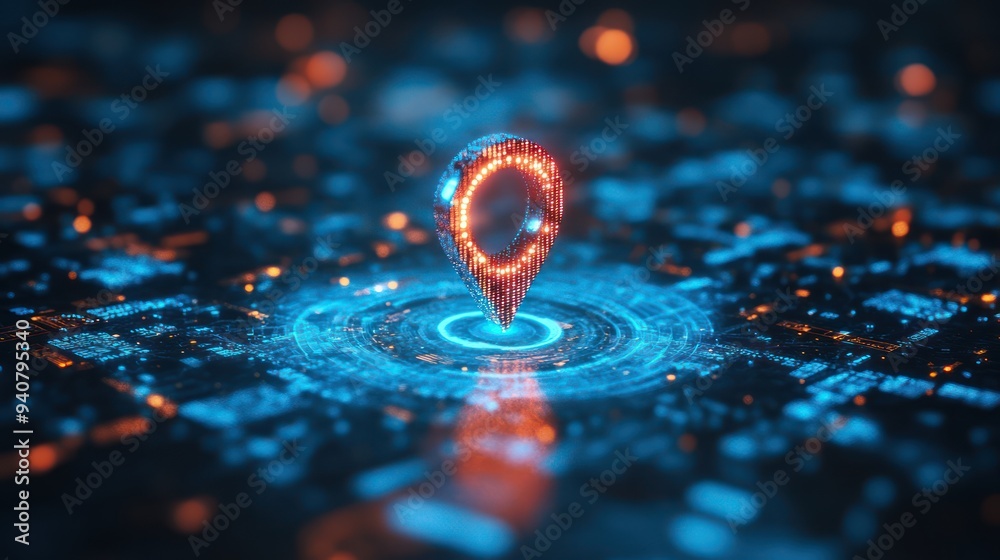 Digital location pin icon with binary code, artificial intelligence in navigation applications ...