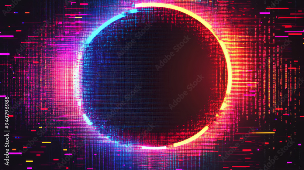 Glitch digital frames and circles with a neon light effect. This vector ...