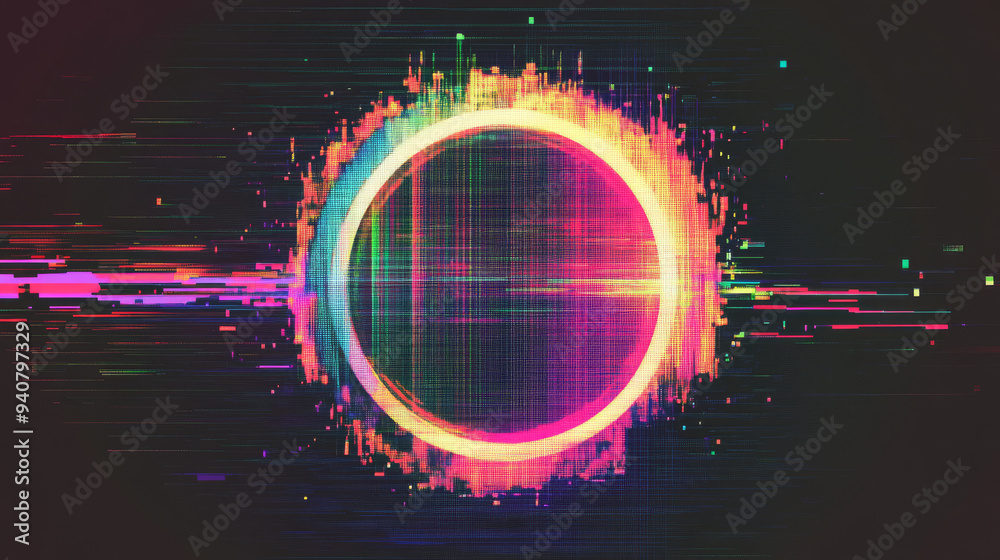 Glitch digital frames and circles with a neon light effect. This vector ...