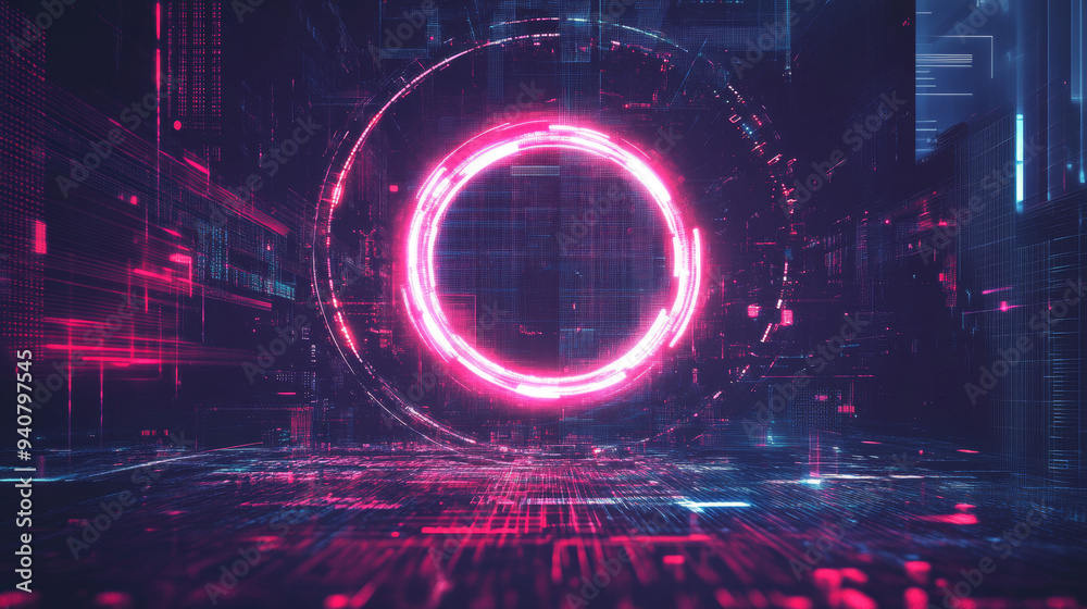 Glitch digital frames and circles with a neon light effect. This vector ...