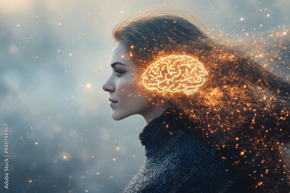 Silhouette of a woman with a glowing brain symbolizing enlightenment ...