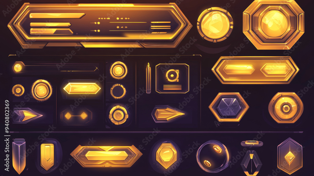 Golden interface game buttons and UI/GUI elements. This vector set ...