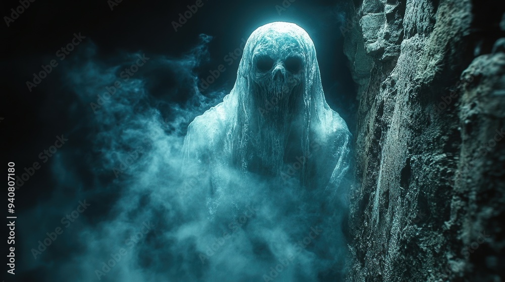 A terrifying ghostly figure with hollow eyes emerges from the foggy ...