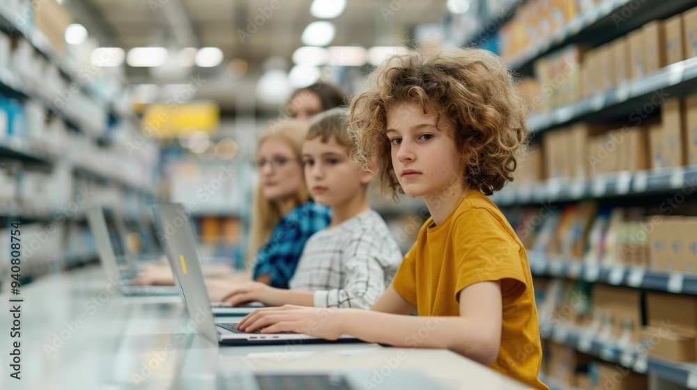 Parents and college student discussing and comparing different laptop ...