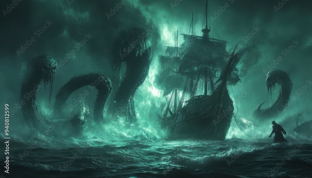 Mythical Sea Monsters Attacking a Pirate Ship in a Stormy Ocean Stock ...